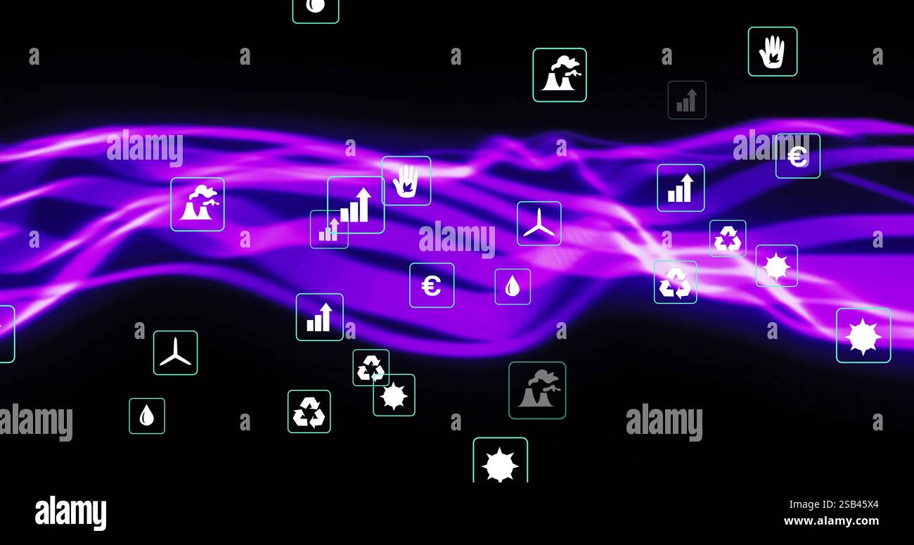Financial and environmental data icons image over purple wave ...