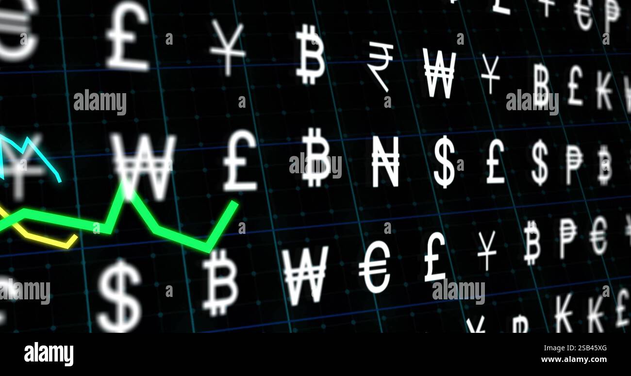 Currency symbols and fluctuating green line image over financial graph ...