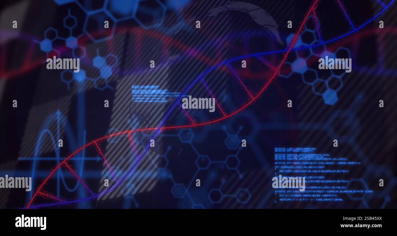 DNA strand and scientific data processing image over hexagonal molecular structures Stock Photo ...