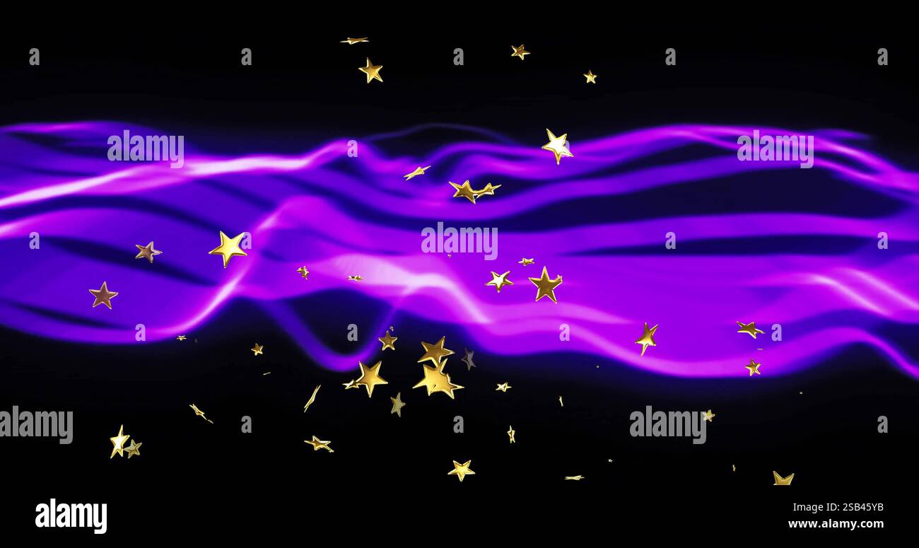 Purple wave image with golden stars floating on black background Stock ...