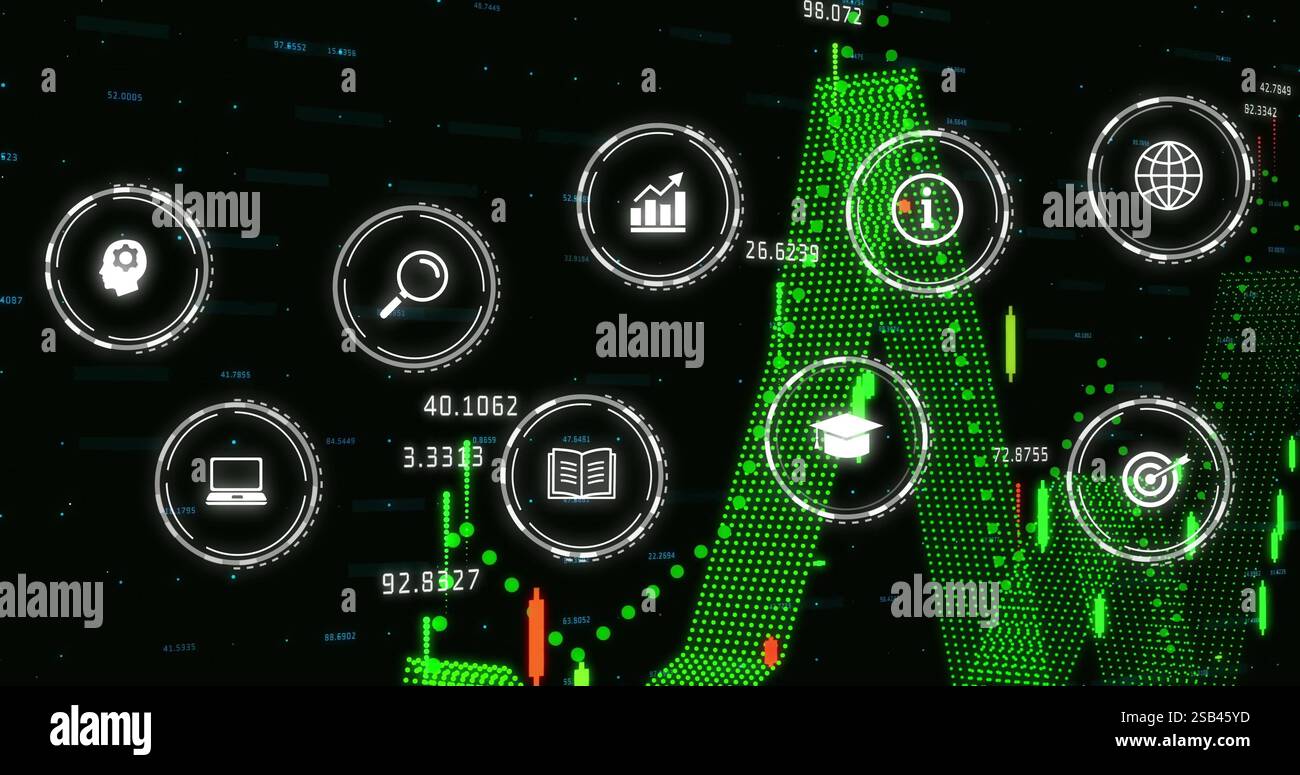 Image of icons over data processing on black background Stock Photo - Alamy