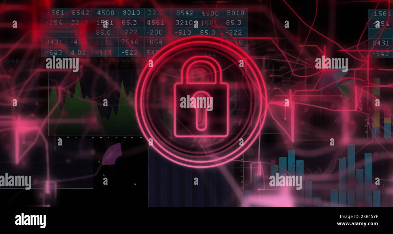 Lock icon and security image over financial data and charts Stock Photo ...