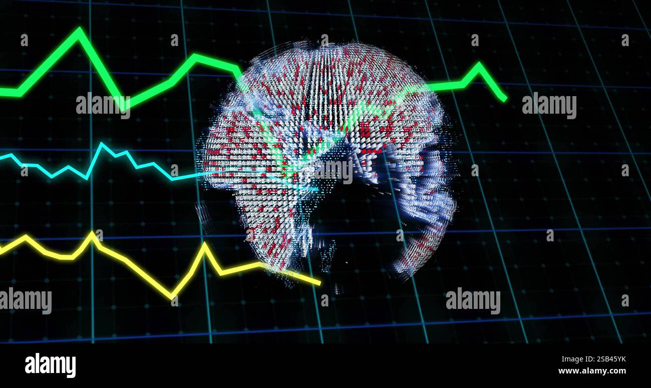 Green line graph image over rotating globe on dark grid background ...