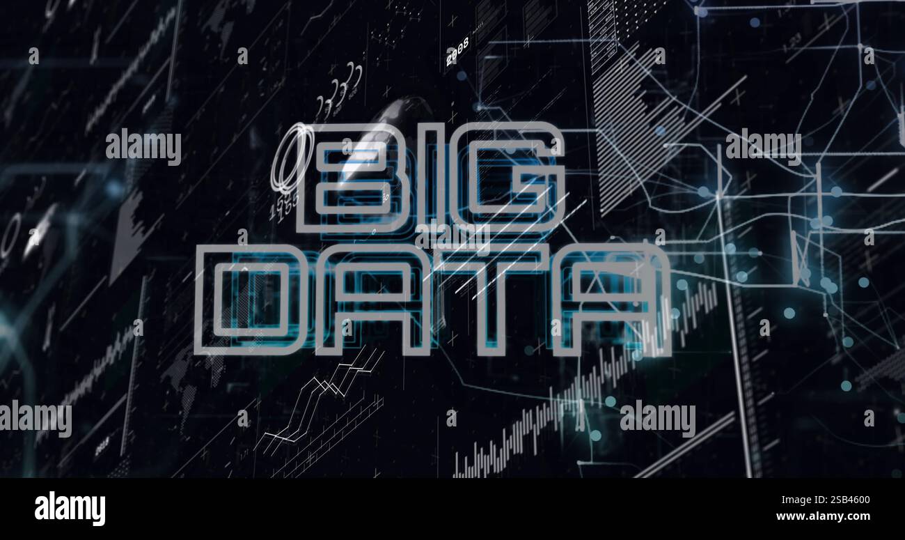 Image of data processing and diagrams with globe over big data text on black background Stock ...