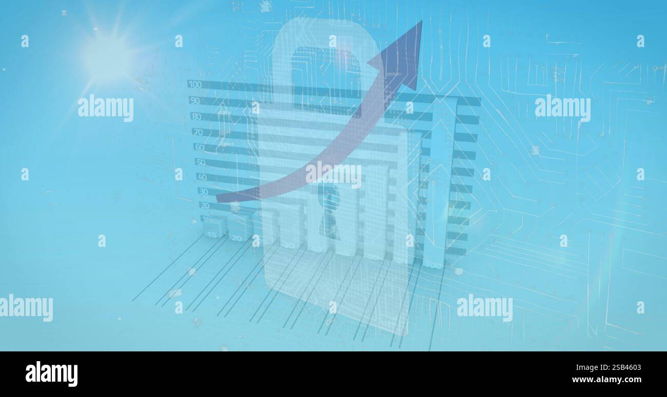 Rising bar chart and arrow image over padlock and circuit board ...