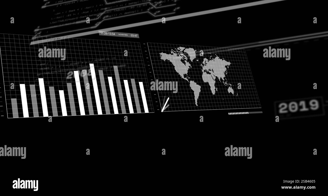 Image of data processing and diagrams on black background Stock Photo ...