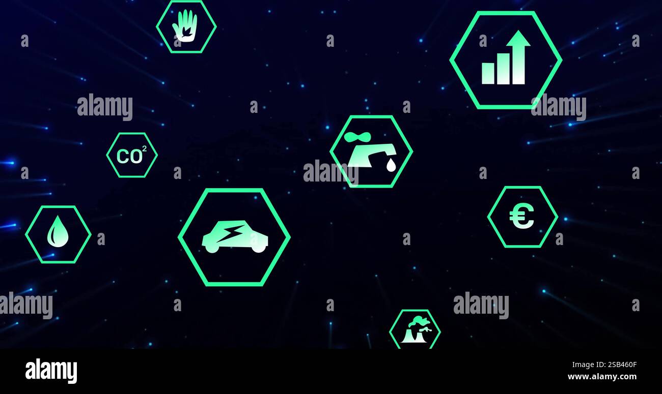 Hexagonal icons representing various technologies and metrics, futuristic image. Technology ...