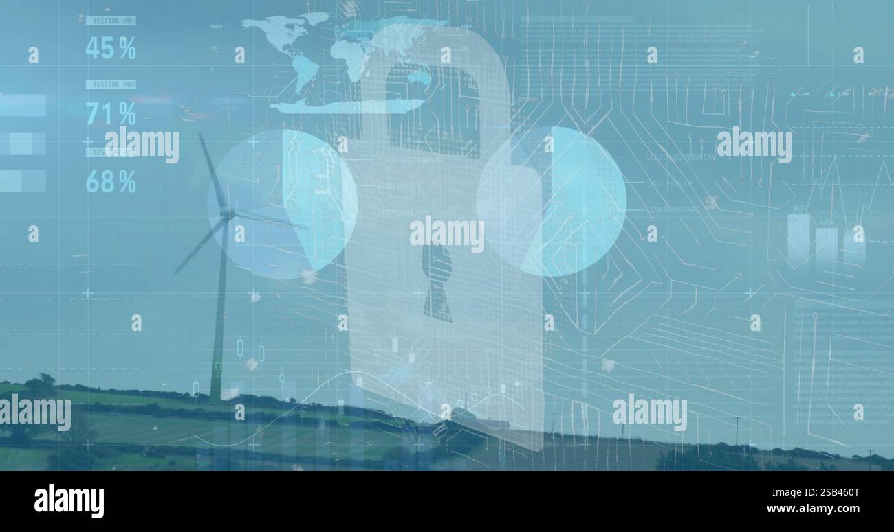 Lock and data security image over wind turbines and landscape Stock ...