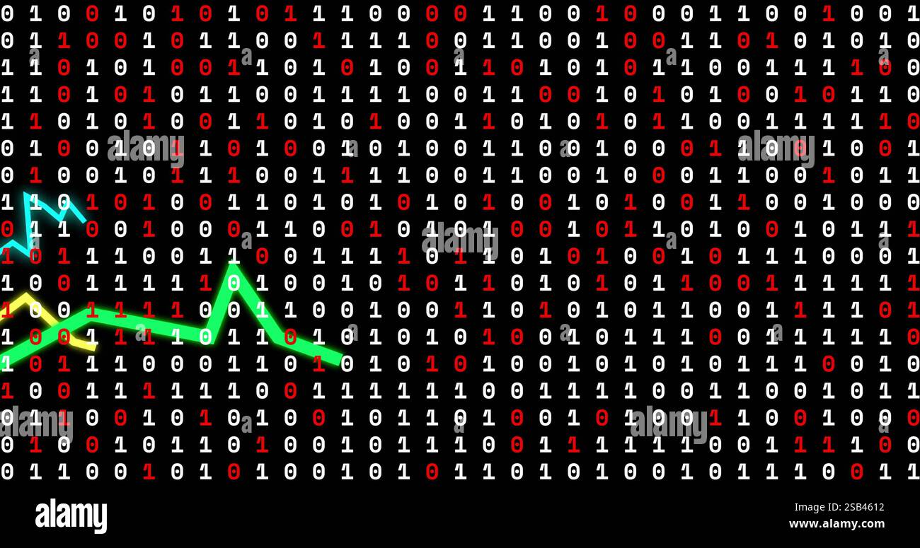 Binary code with fluctuating graph image over black background. Technology, data, digital ...