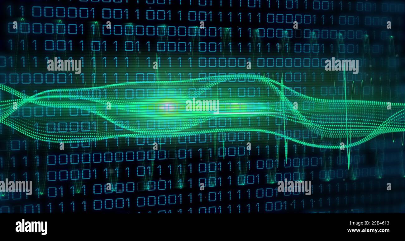 Image of data processing over light trails and spots on black ...