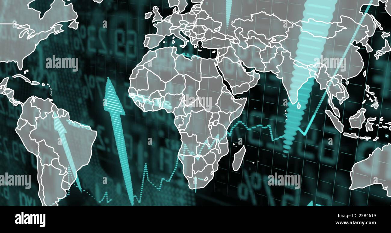 Image of world map over arrows and data processing on black background ...