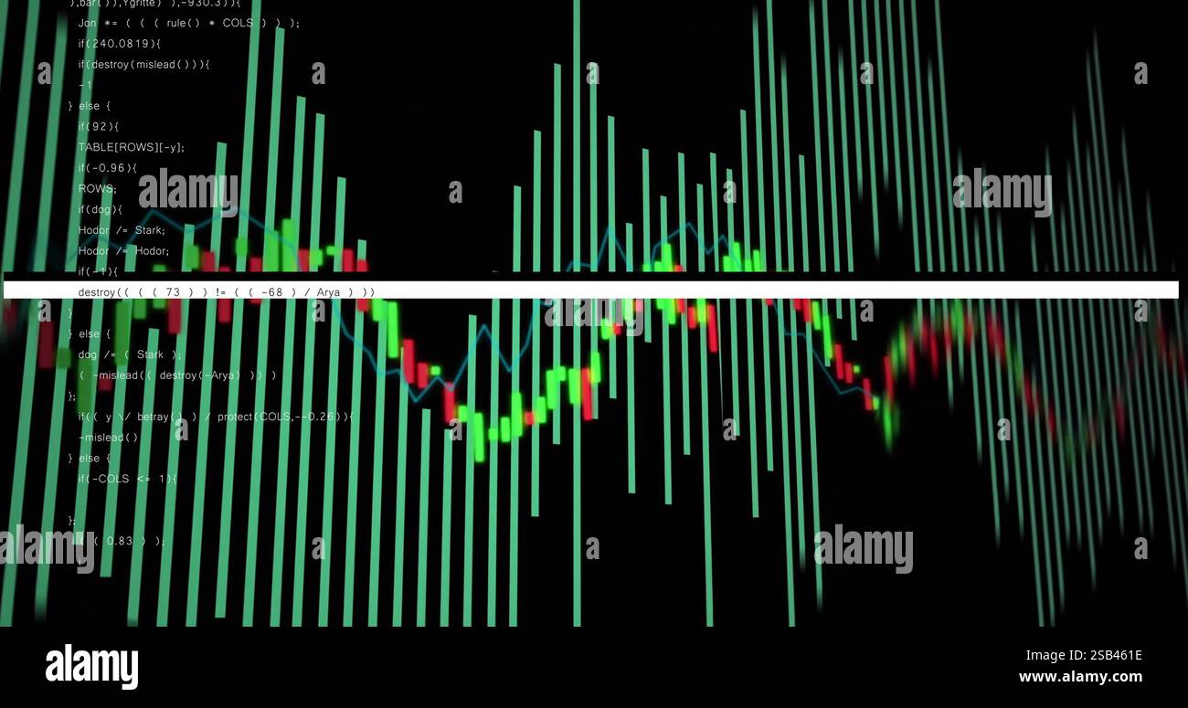 Stock market data analysis image over fluctuating candlestick chart ...