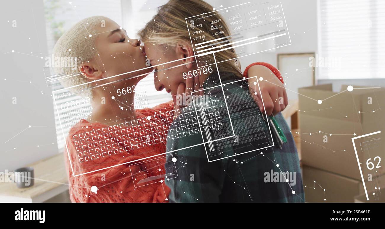 Digital data processing image over two people embracing in cozy room Stock Photo - Alamy