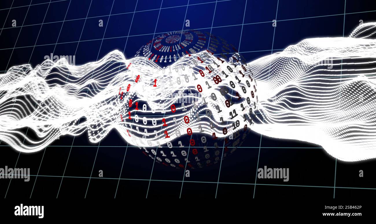 Binary code and wave patterns image over grid background Stock Photo ...