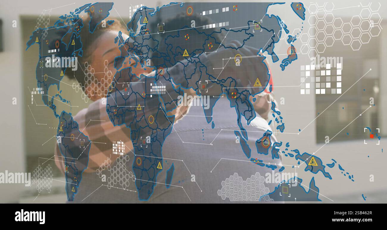 World map with data points and network connections image over people hugging Stock Photo - Alamy