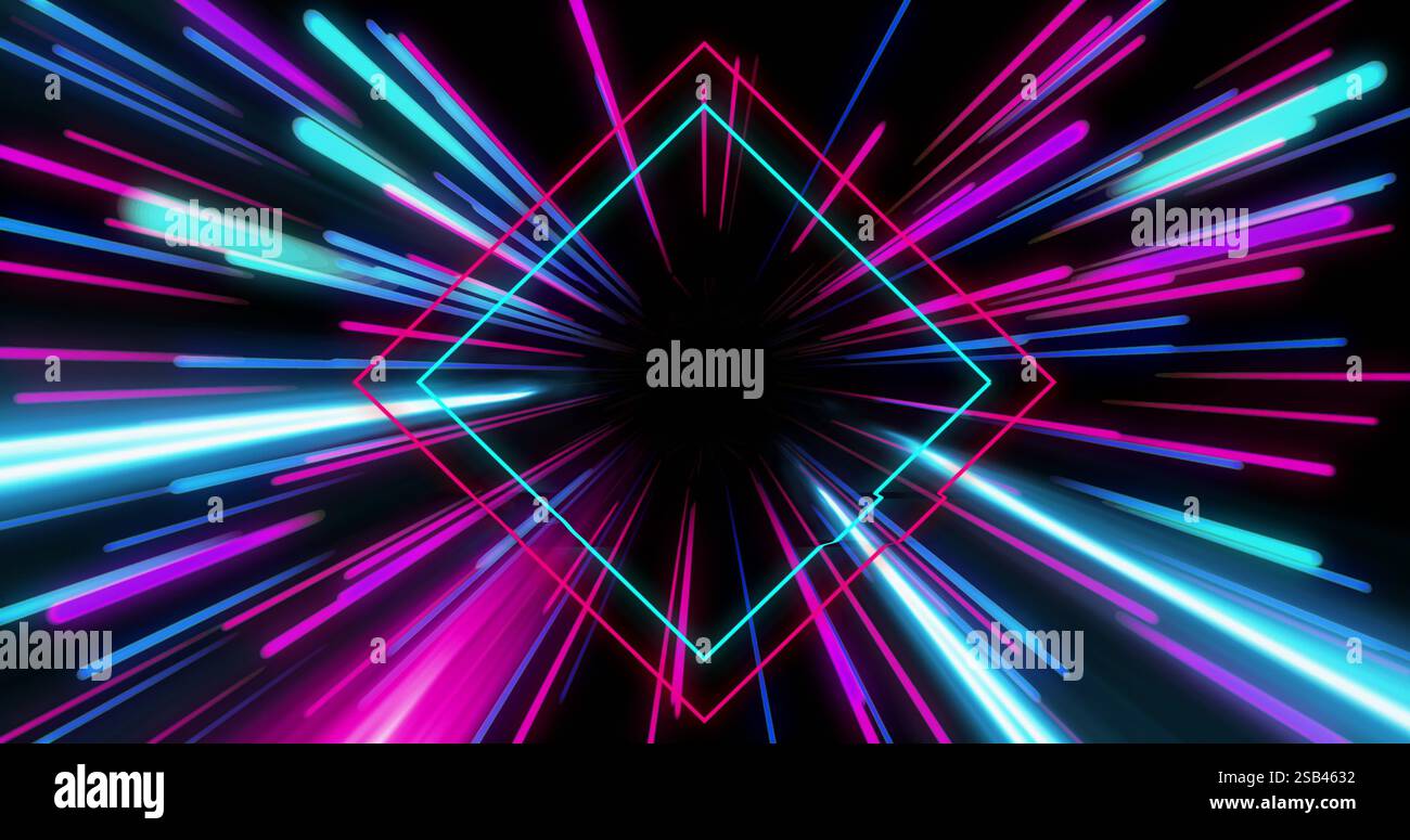 Neon diamond shape with colorful light streaks radiating outward in ...