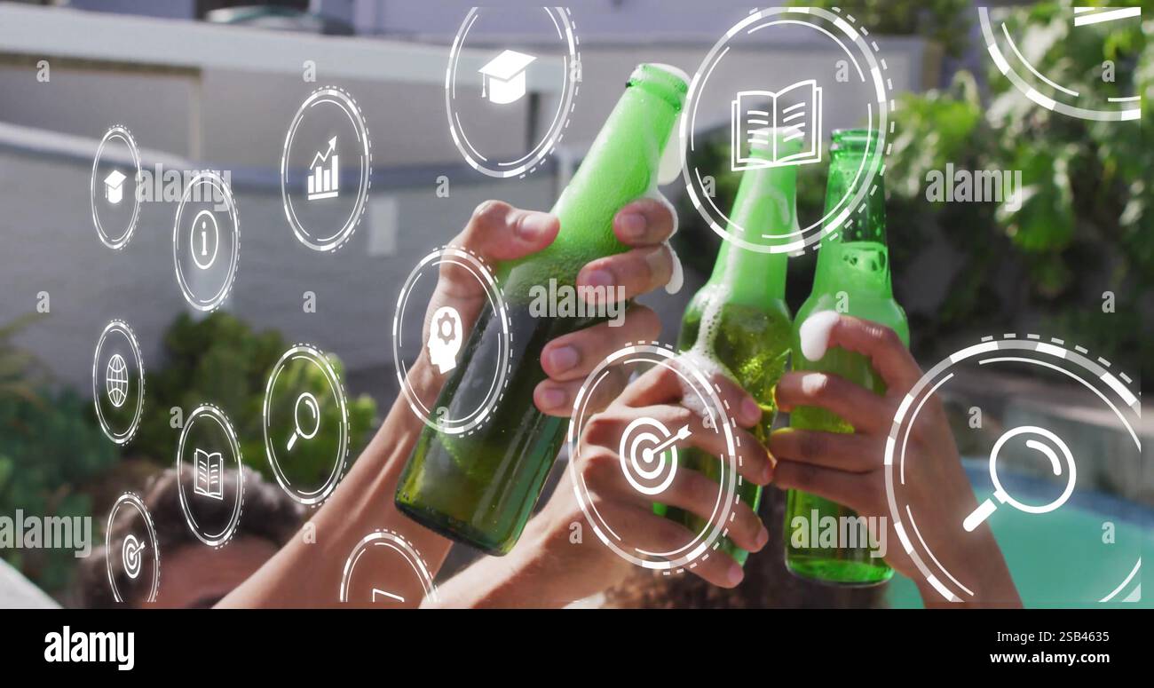 Celebrating with beer bottles, business icons image over people Stock ...