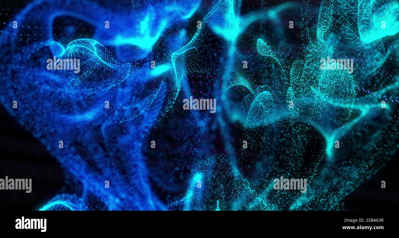 Abstract image of blue and green particles forming dynamic wave ...