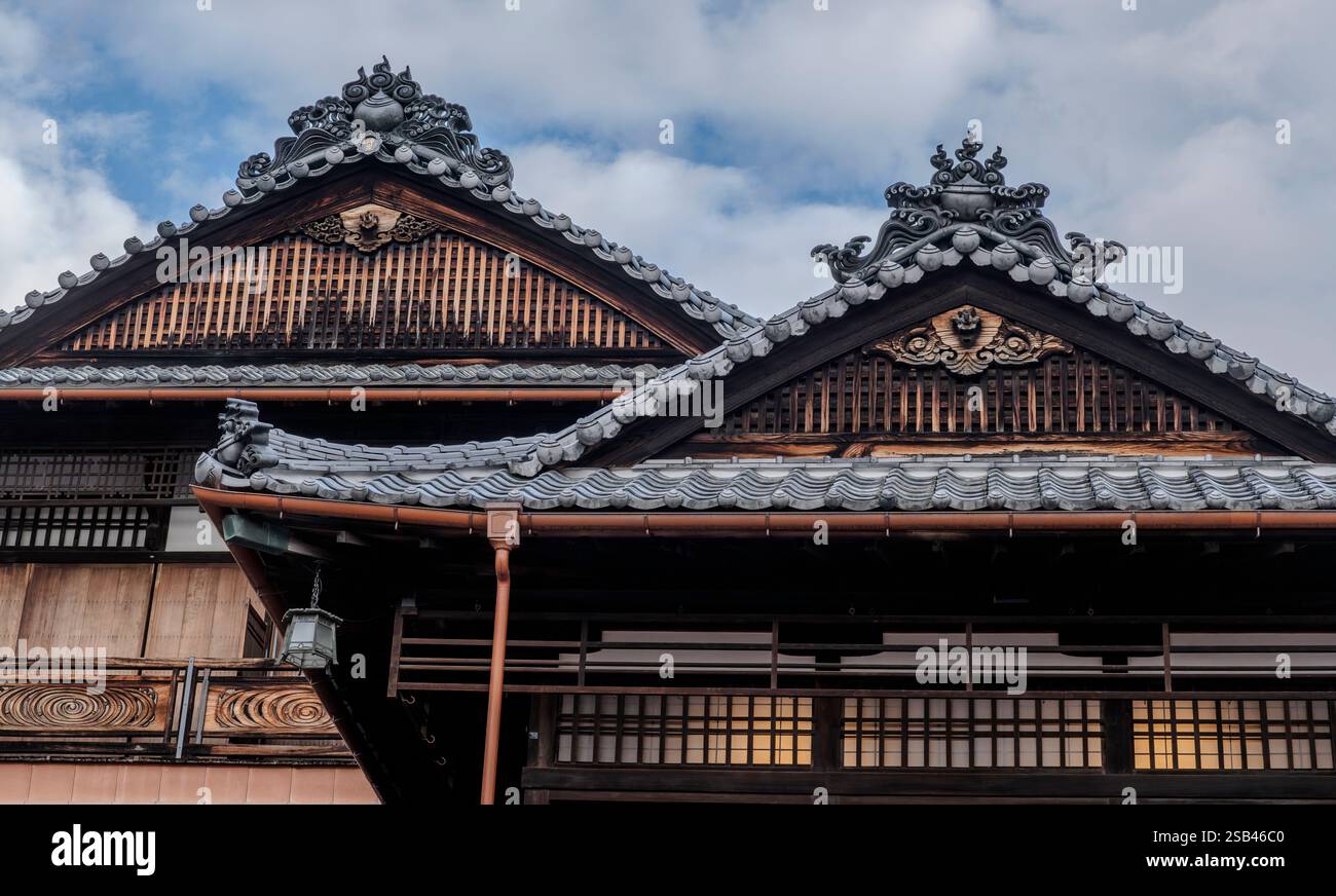 Roof peaks at Dogo Onsen Honkan, a public bath house in Matsuyama ...