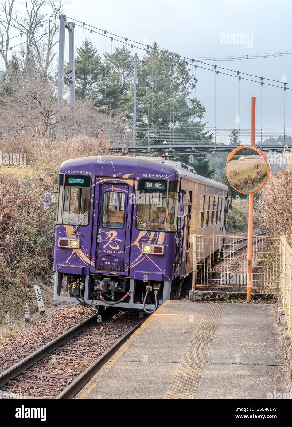 A single car diesel train arrives at Gyokukeijimae Station on the ...