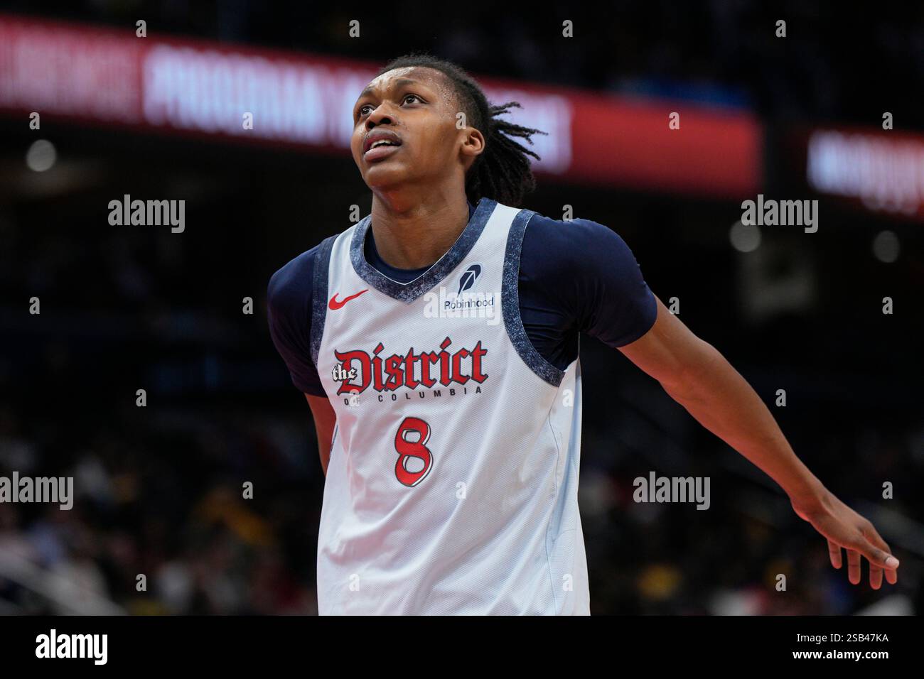 Washington Wizards guard Bub Carrington (8) reacts to a foul call ...