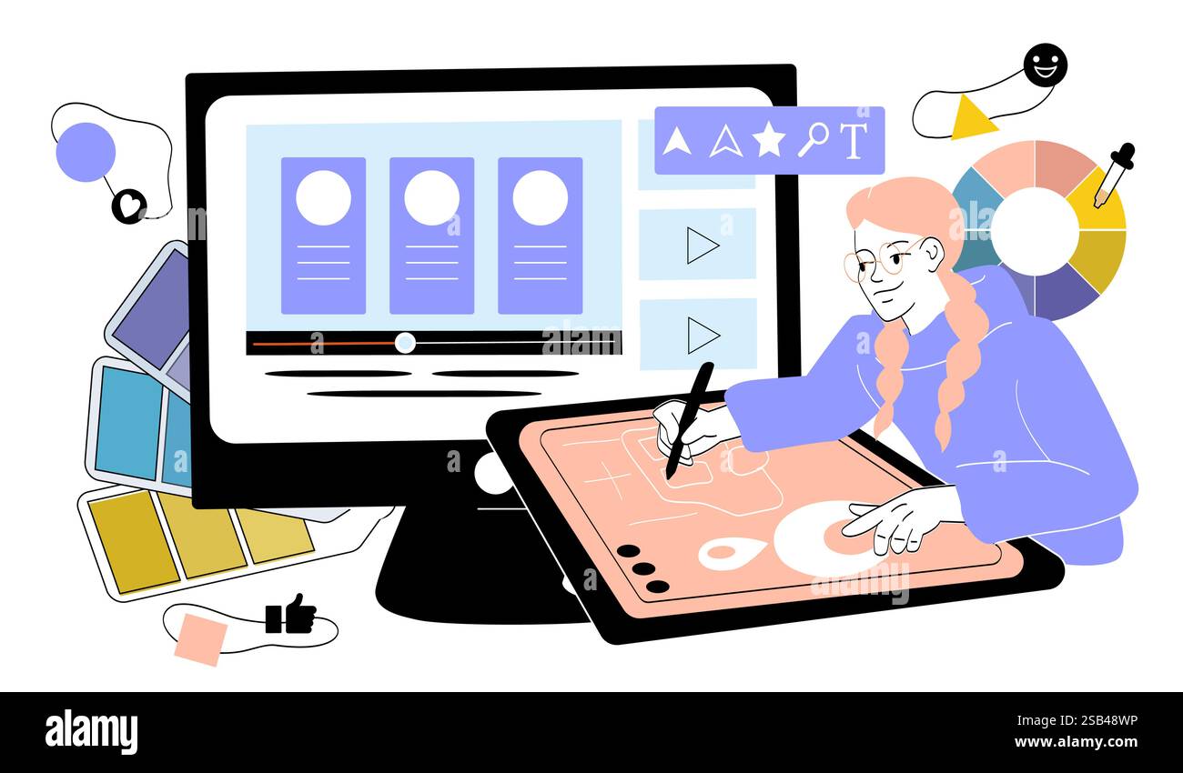 Digital designer creating on tablet. Vector illustration Stock Vector ...
