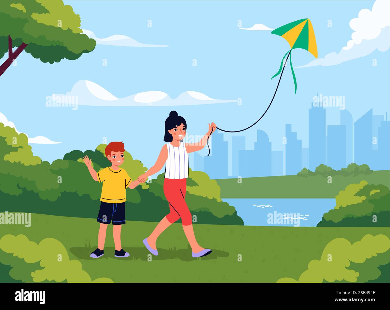 Family flying kite outdoors. Vector illustration Stock Vector Image ...