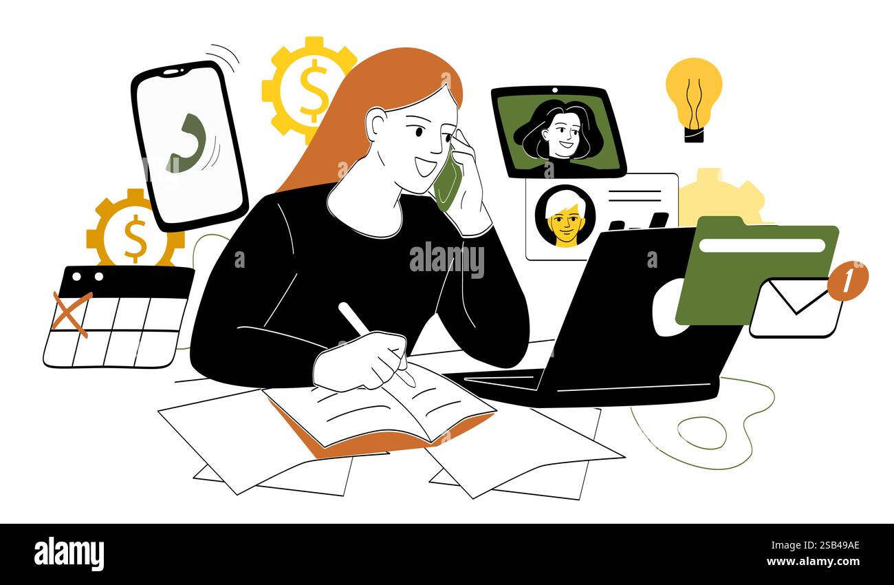 Woman multitasking at work. Vector illustration Stock Vector Image ...