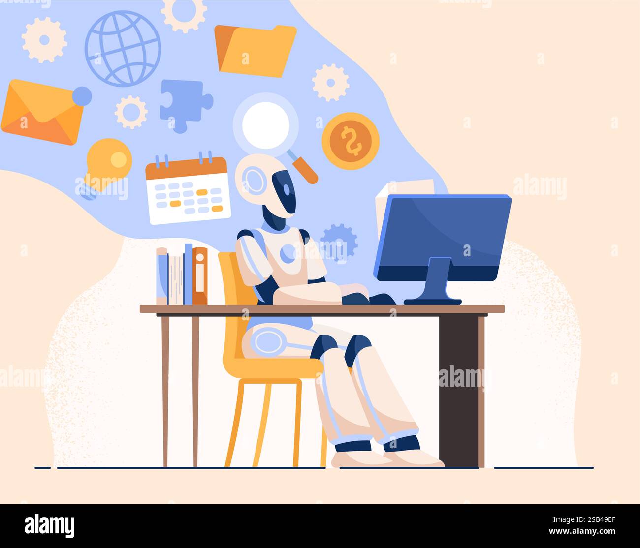 Robot working at computer desk. Vector illustration Stock Vector Image ...