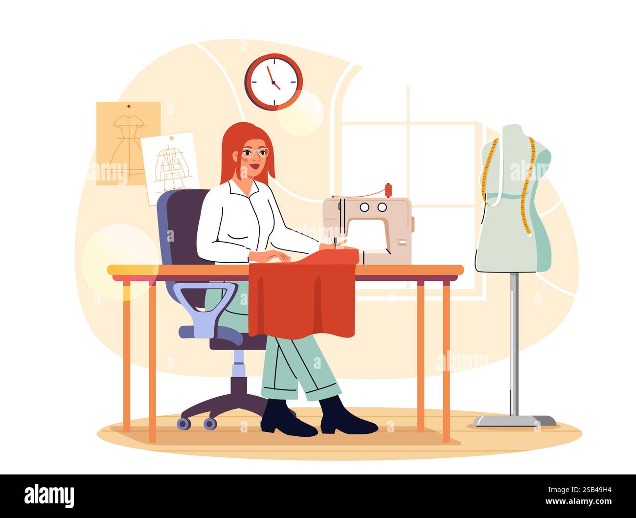 Seamstress working at sewing machine. Vector illustration Stock Vector ...
