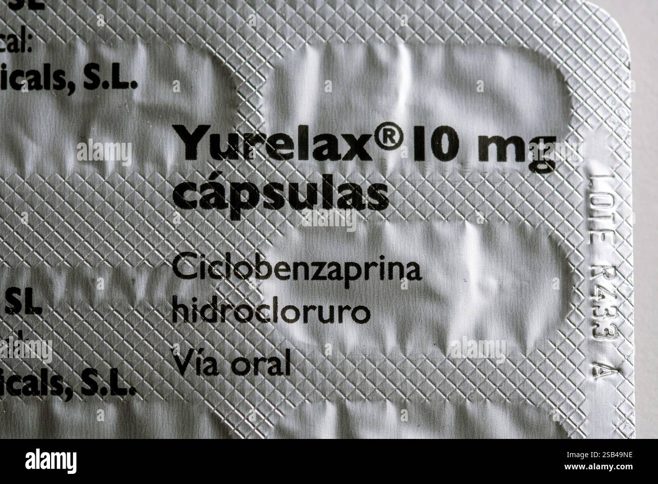 Close-up of a Yurelax 10 mg capsule blister pack showing the labeled ...