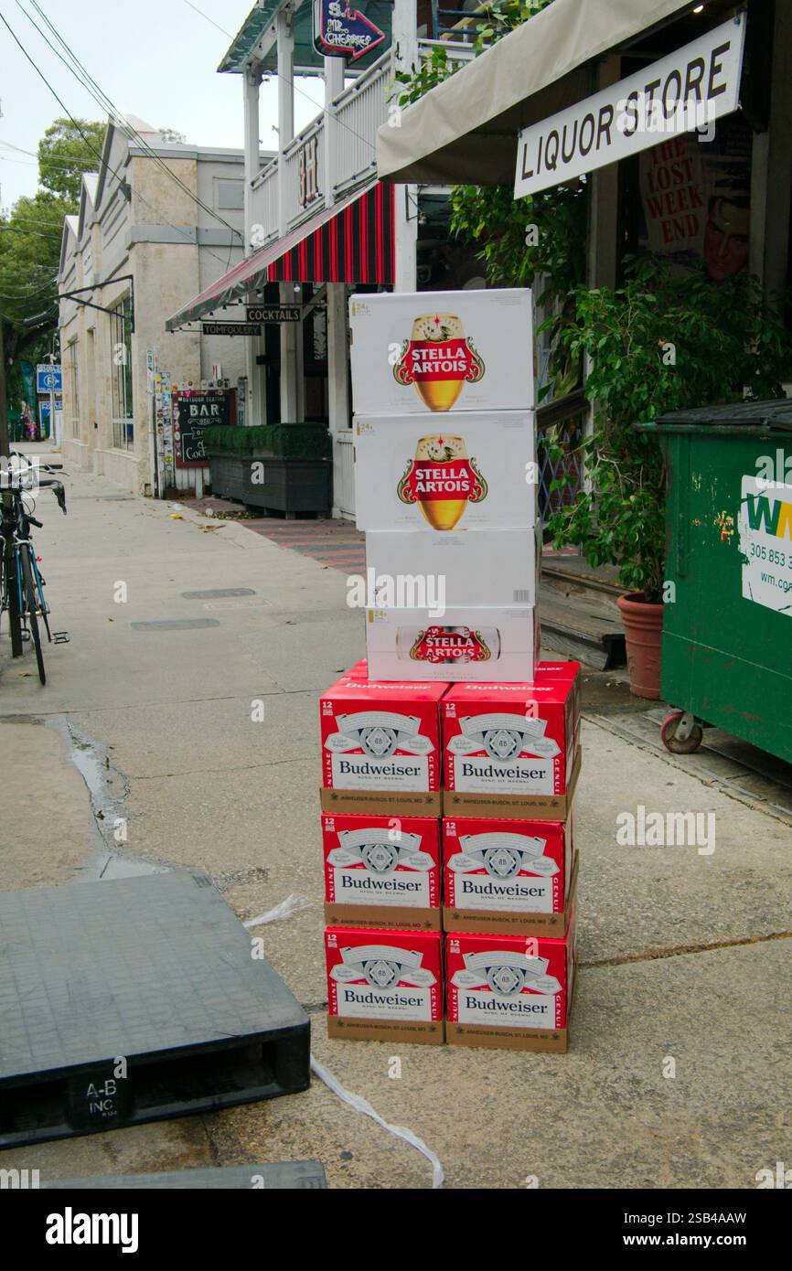 Beer cases stacked up on sidewalk for delivery to a bar. Editorial Use ...