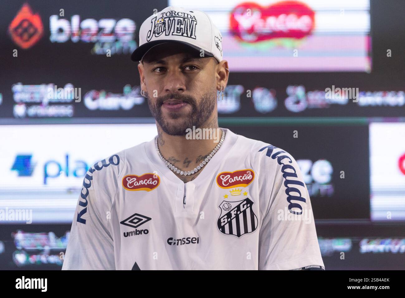 SANTOS, BRAZIL - JANUARY 31: Neymar Jr. looks on during a press ...
