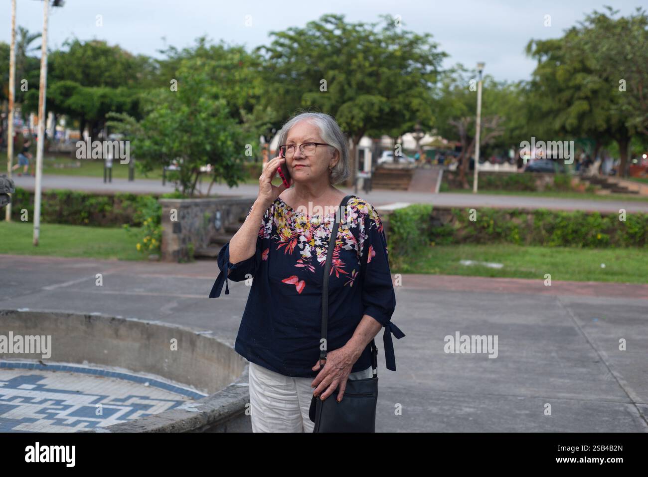 Older woman standing in a park making a cell phone call Stock Photo - Alamy