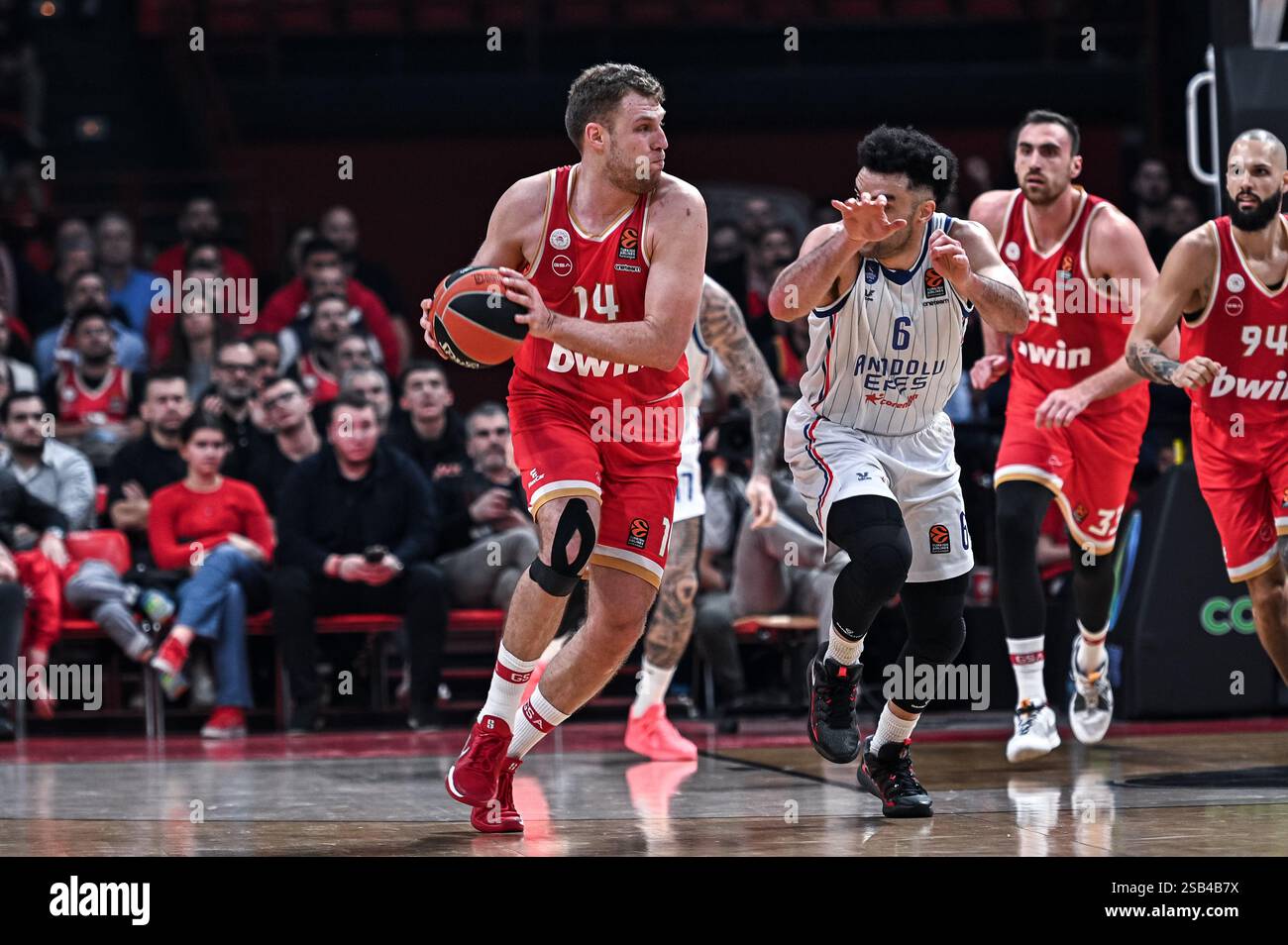 14 Sasha Vezenkov Of Olympiacos Piraeus Competing With 6 Elijah Bryant