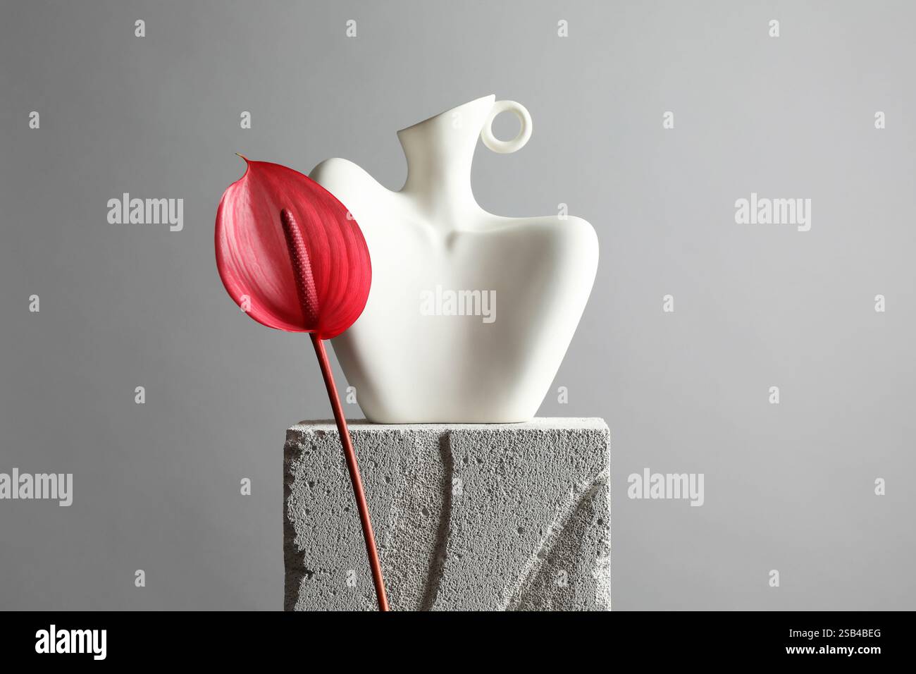 Stylish vase and tail flower on concrete block against light grey ...