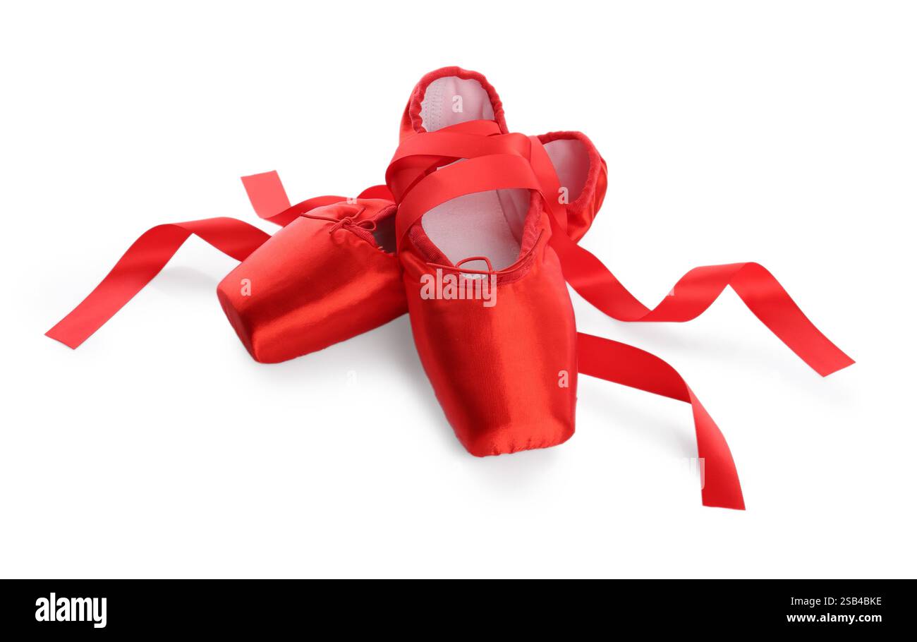 Pair of beautiful red pointe shoes isolated on white Stock Photo - Alamy