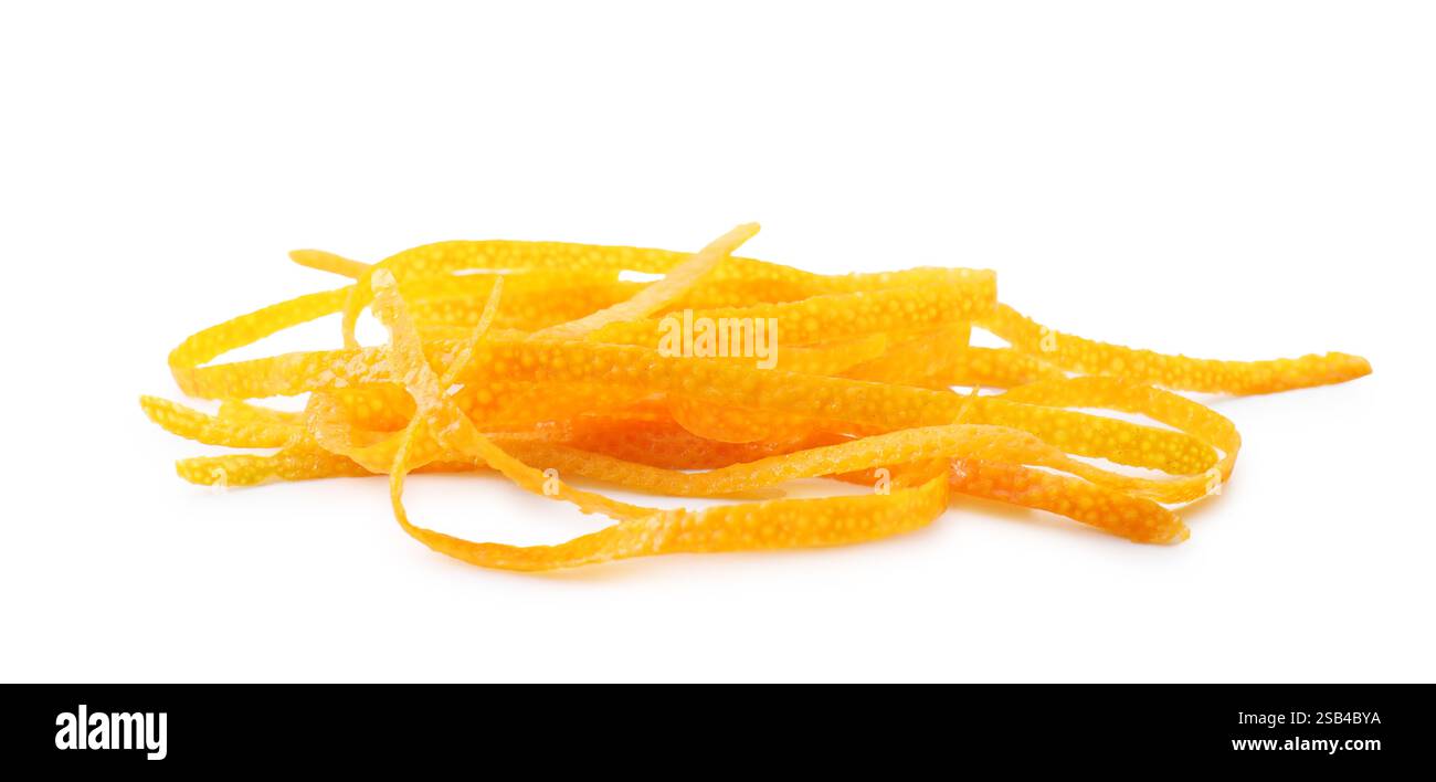 Pieces of orange zest isolated on white Stock Photo - Alamy