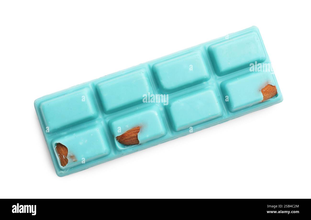 One bright chocolate bar with almonds isolated on white, top view Stock ...