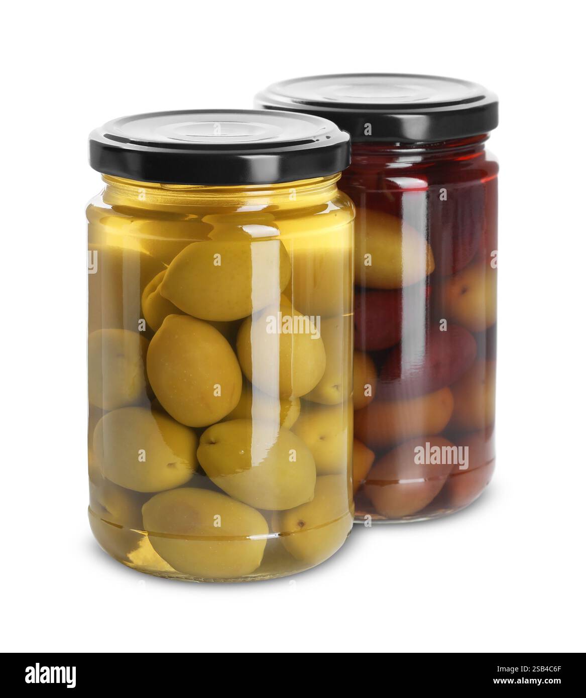Pickled olives in glass jars isolated on white Stock Photo - Alamy