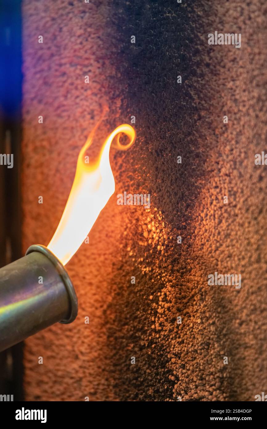 Flame testing fire retardant material, highlighting fire safety, heat ...