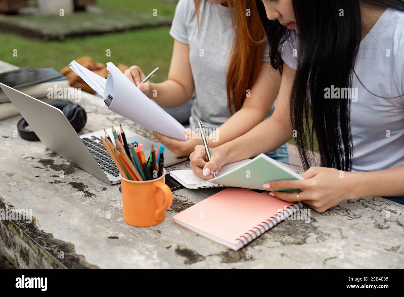 Two dedicated students studying outdoors with notebooks and a laptop ...
