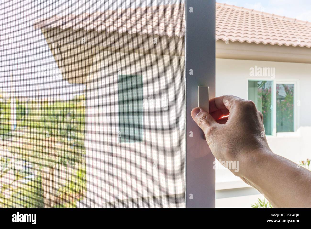 Hand hold mosquito net wire screen handle on house window Stock Photo ...