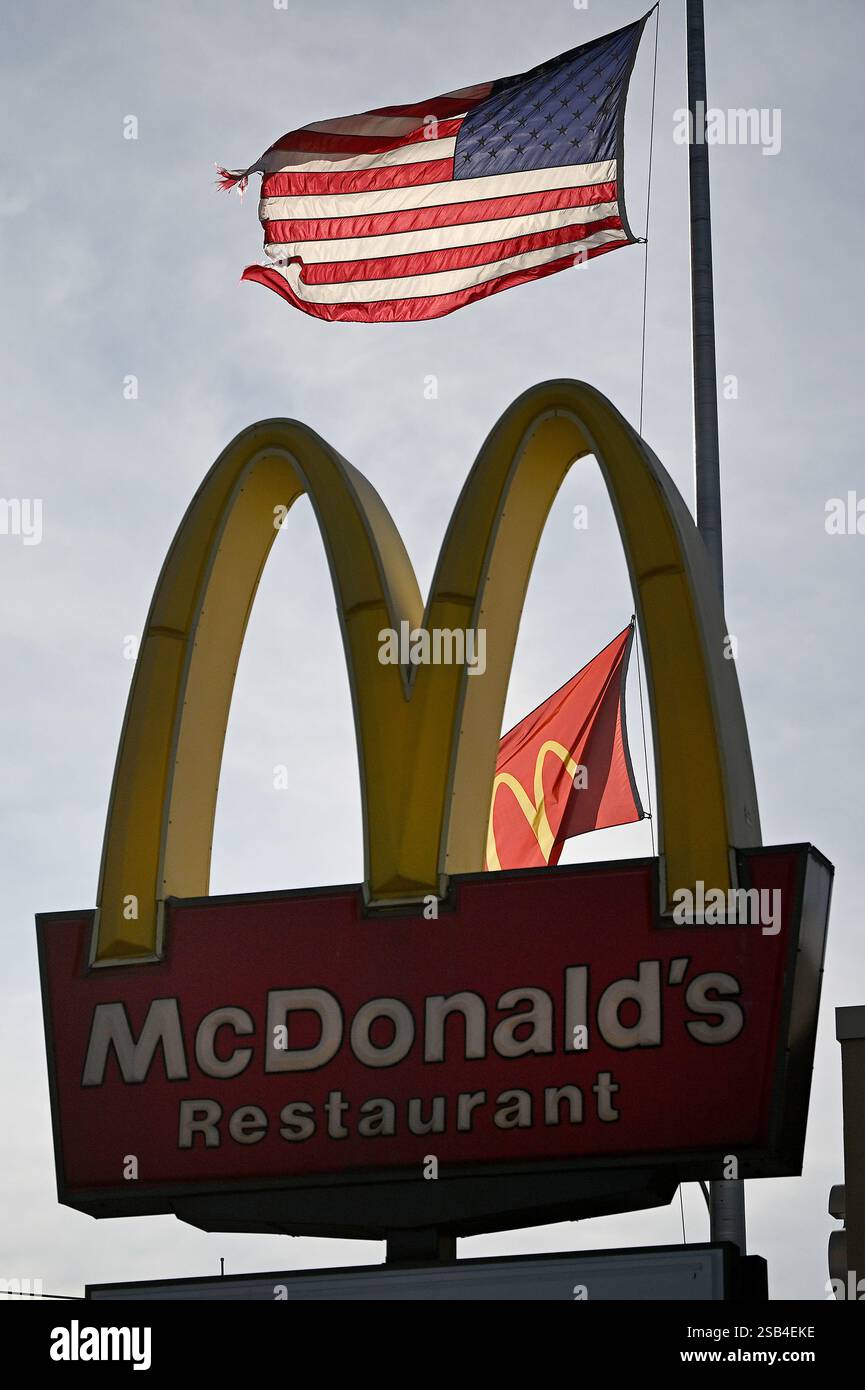 Exterior view of a McDonald's sign and flag as the fast food ...