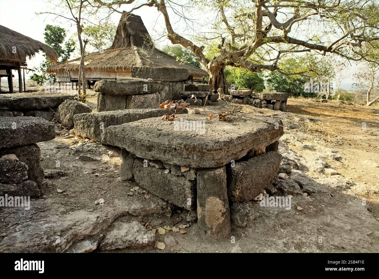 Megalithic tombs in traditional village of Prailiang, which is built on ...