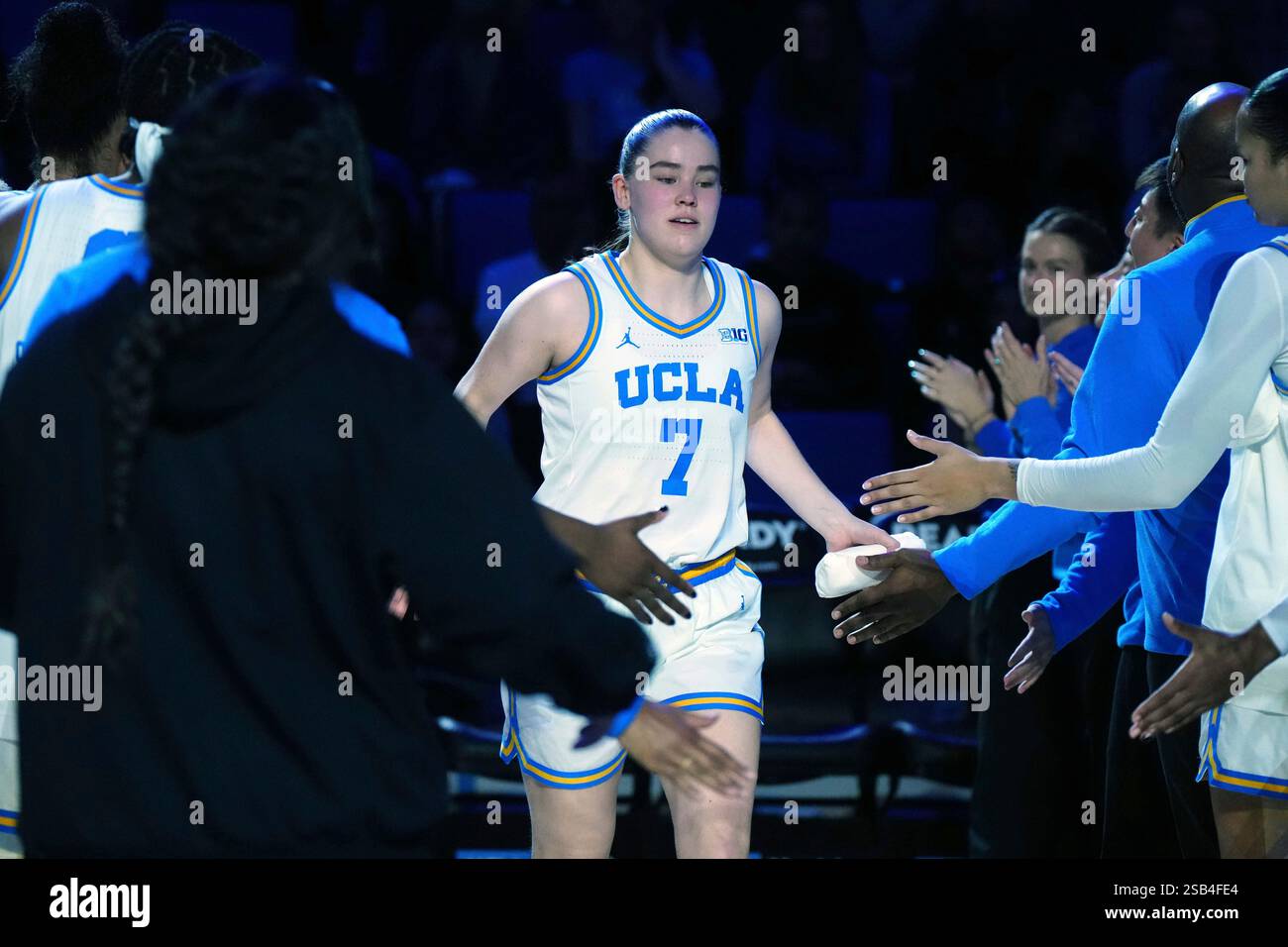 UCLA Bruins guard Elina Aarnisalo (7) is introduced during a NCAA women ...