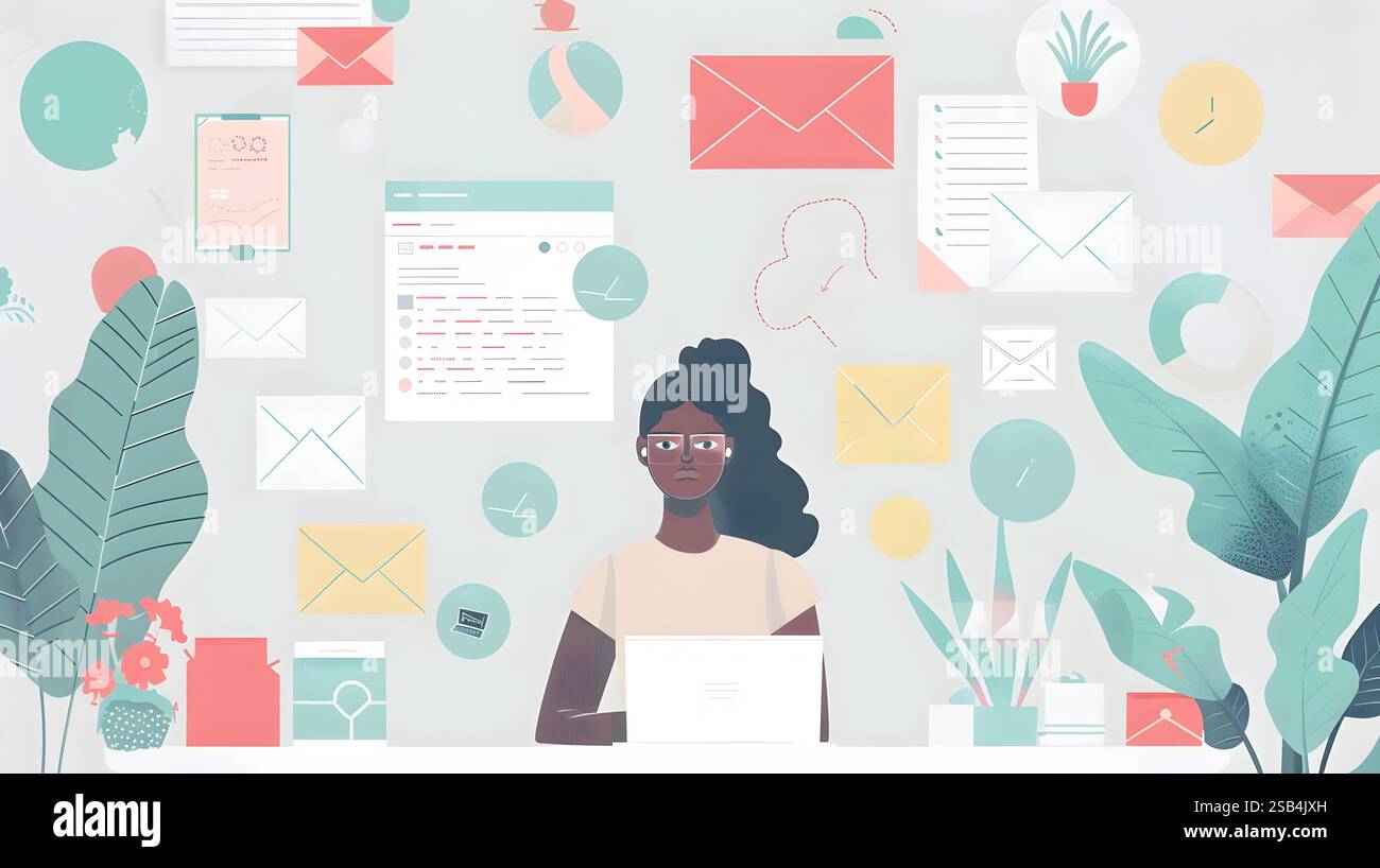 This image depicts a female marketer or professional working on a ...