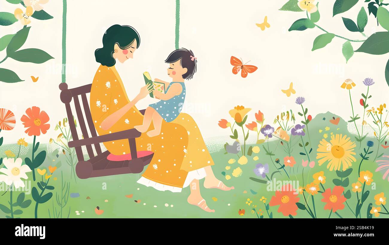 A tranquil scene unfolds as a mother gently rocks on a garden swing ...