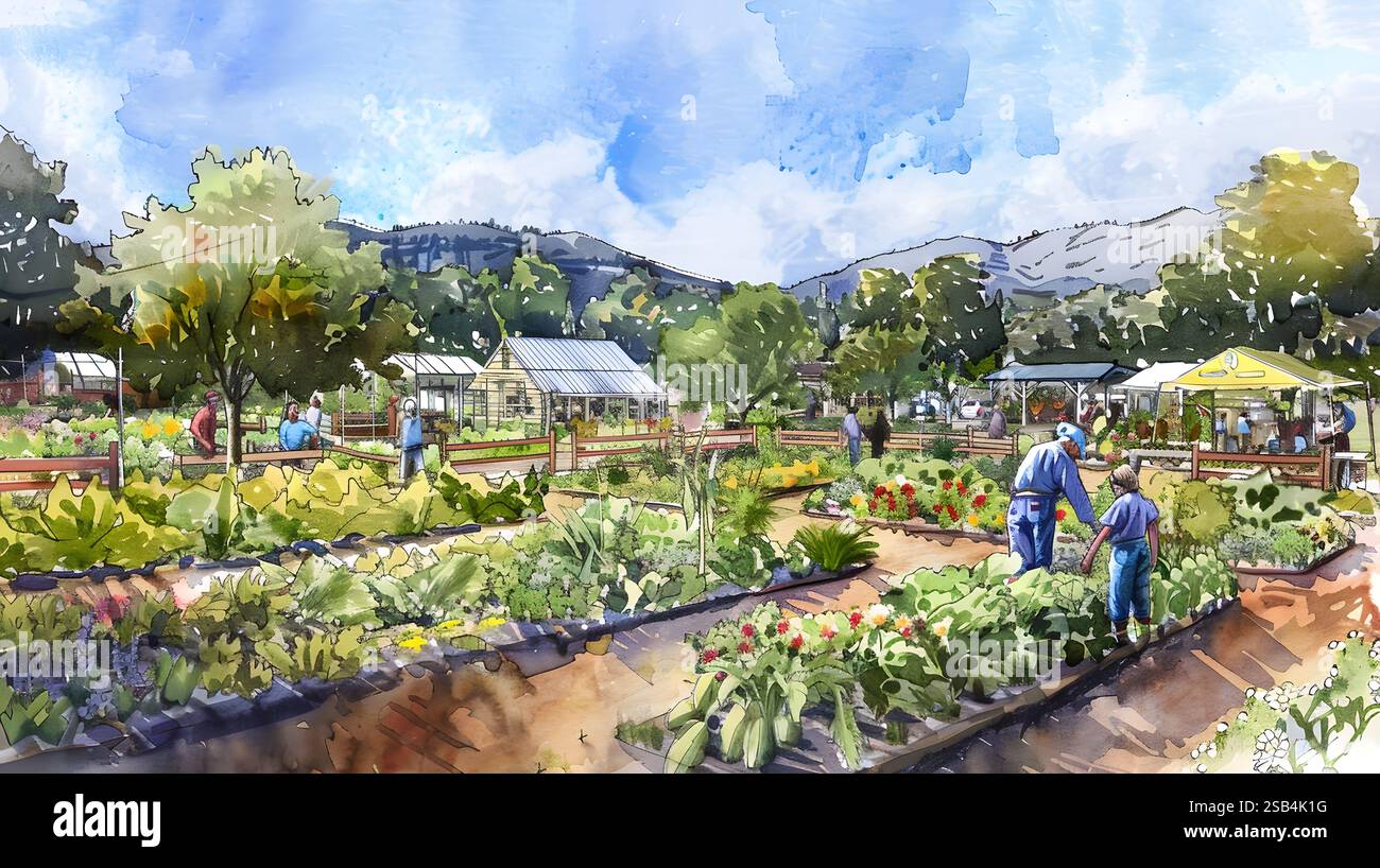 This vibrant watercolor painting depicts a flourishing community garden ...