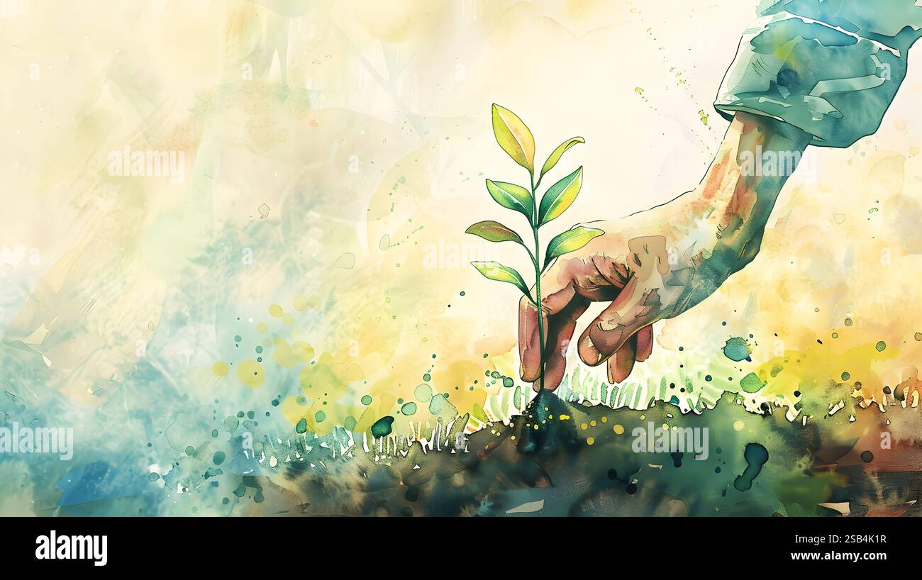 The image depicts a hand tenderly planting a young tree sapling in the ...
